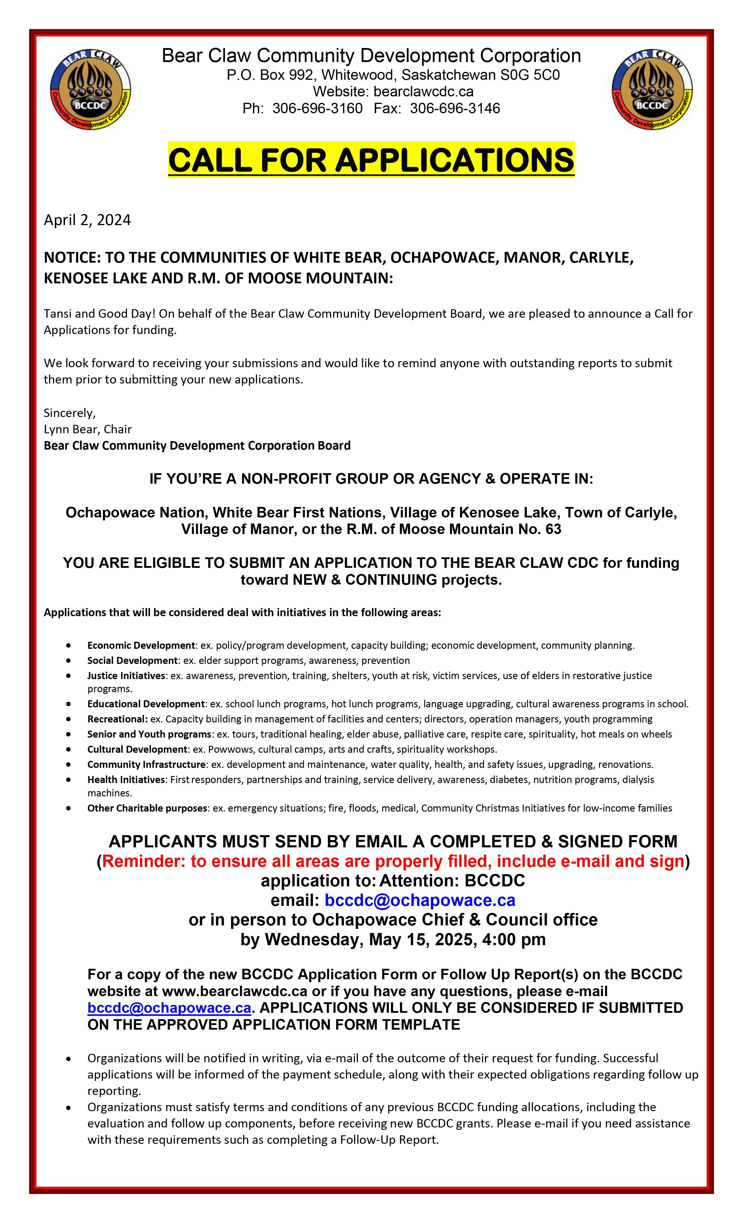 BCCDC Call for Applications « Ochapowace Nation