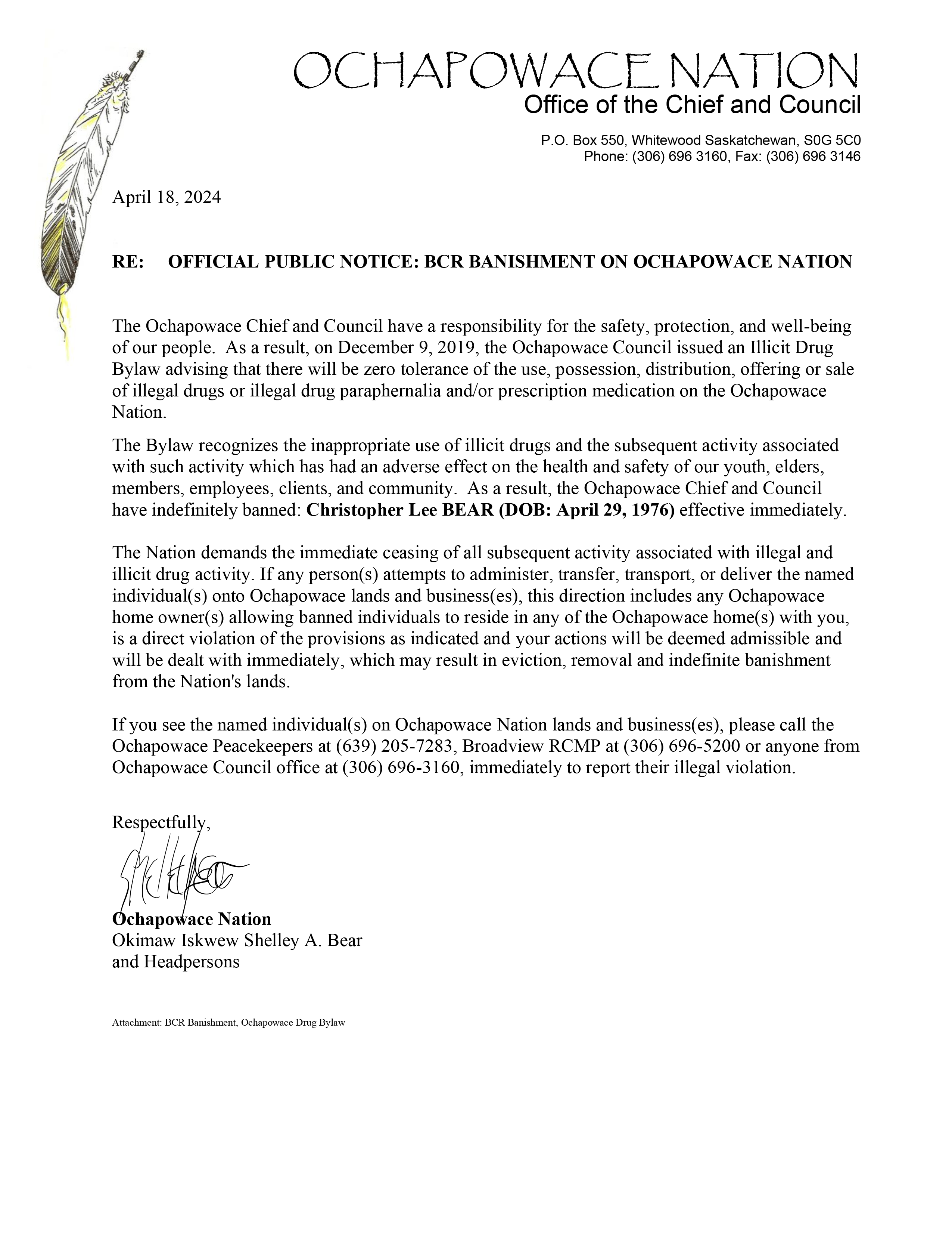 Official Public Notice: BCR Banishment on Ochapowace Nation ...
