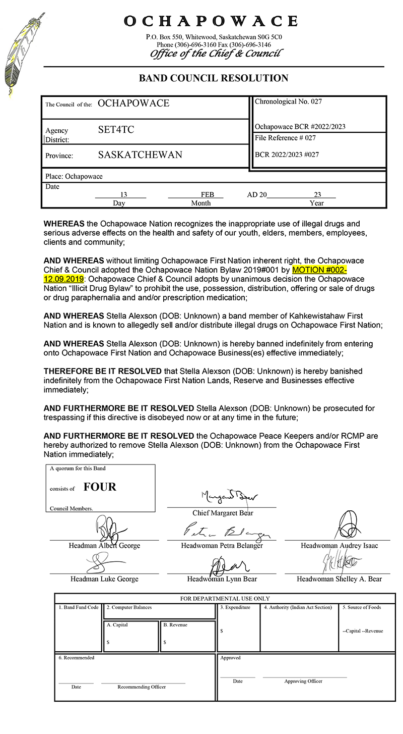 OFFICIAL PUBLIC NOTICE: BCR BANISHMENT ON OCHAPOWACE NATION ...