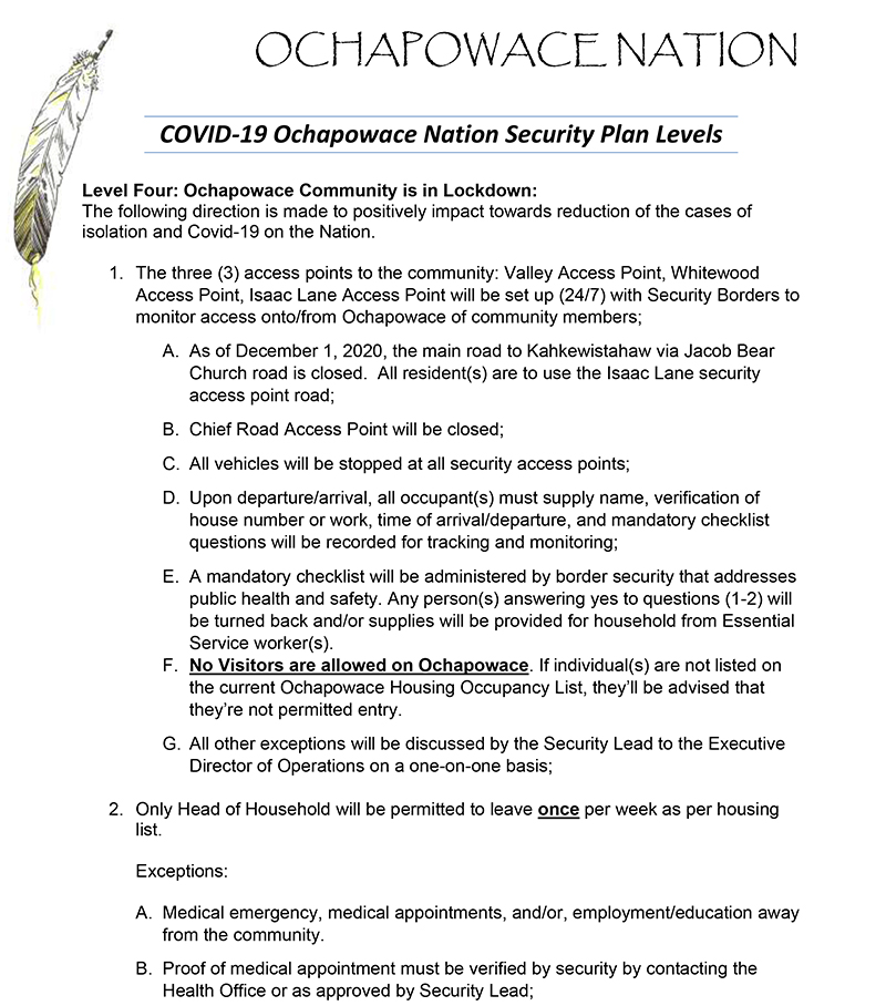 Ochapowace Covid Security Level 4 UPDATE. Feb 5, 2021 « Ochapowace Nation