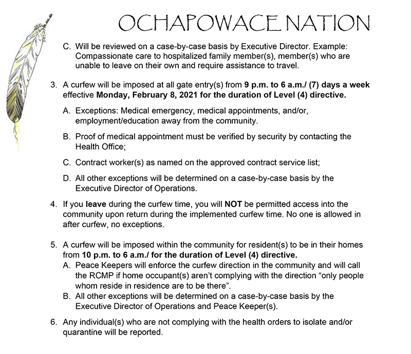 Ochapowace Covid Security Level 4 UPDATE. Feb 5, 2021 « Ochapowace Nation