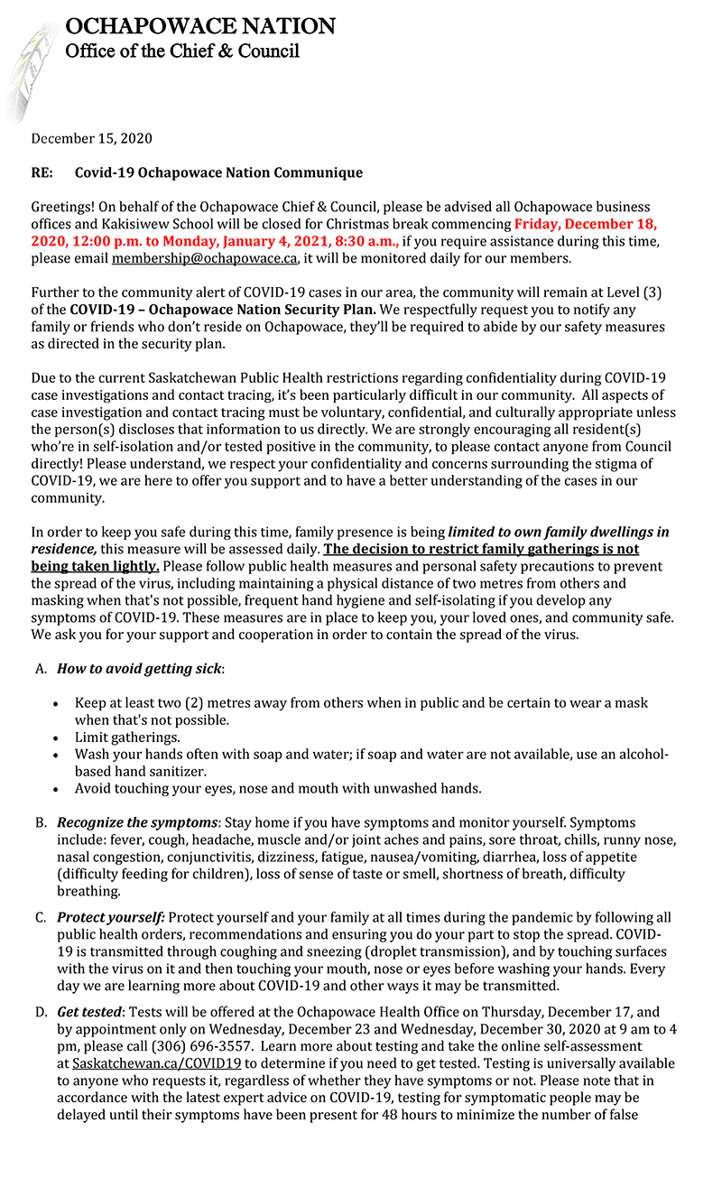 COVID-19 Update - December 15, 2020 « Ochapowace Nation