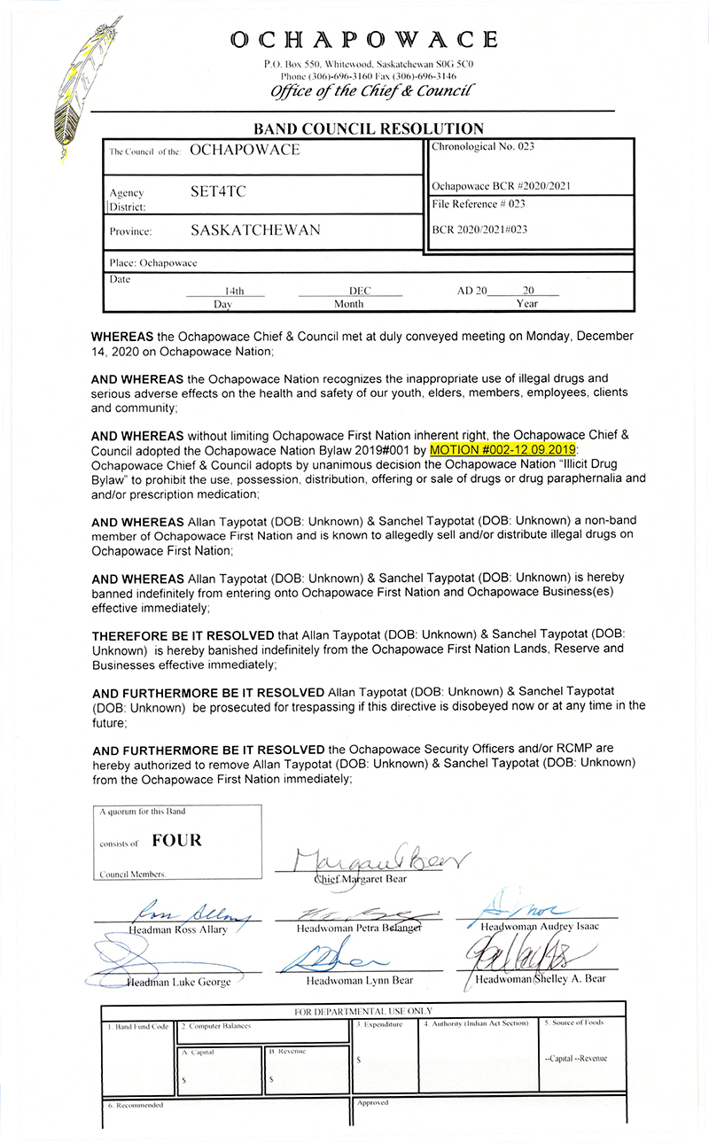 Band Council Resolution - Banishment « Ochapowace Nation