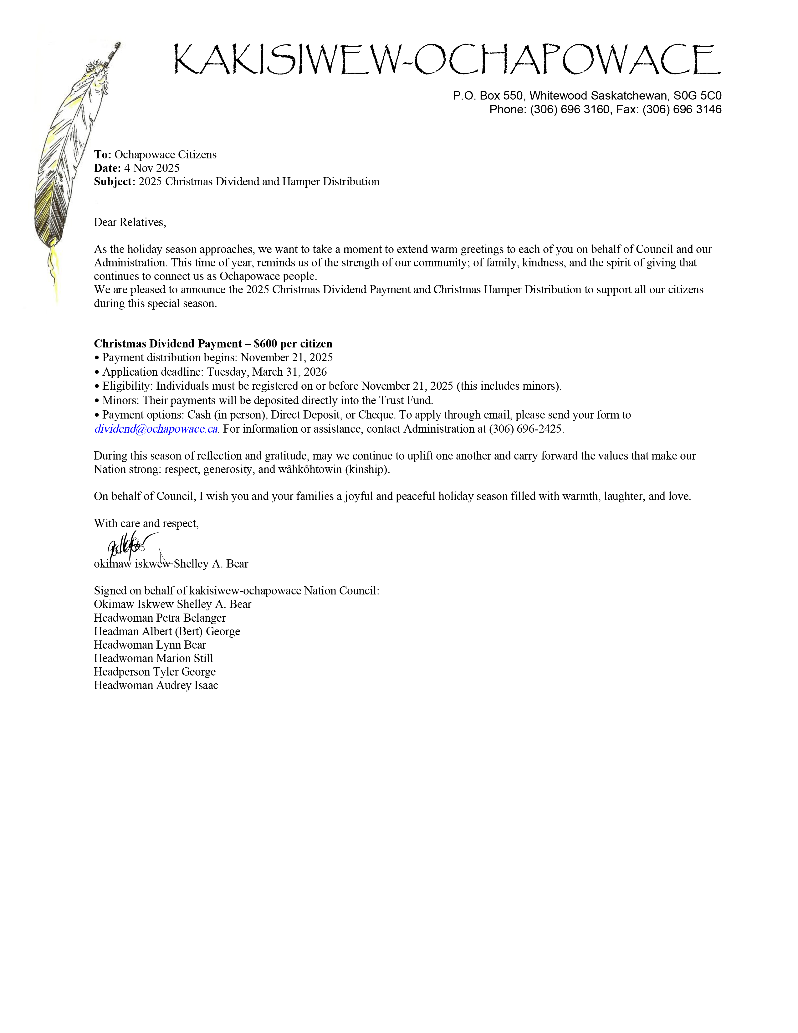 kakisiwew-ochapowace 2025 Christmas Dividend Information & Forms ...
