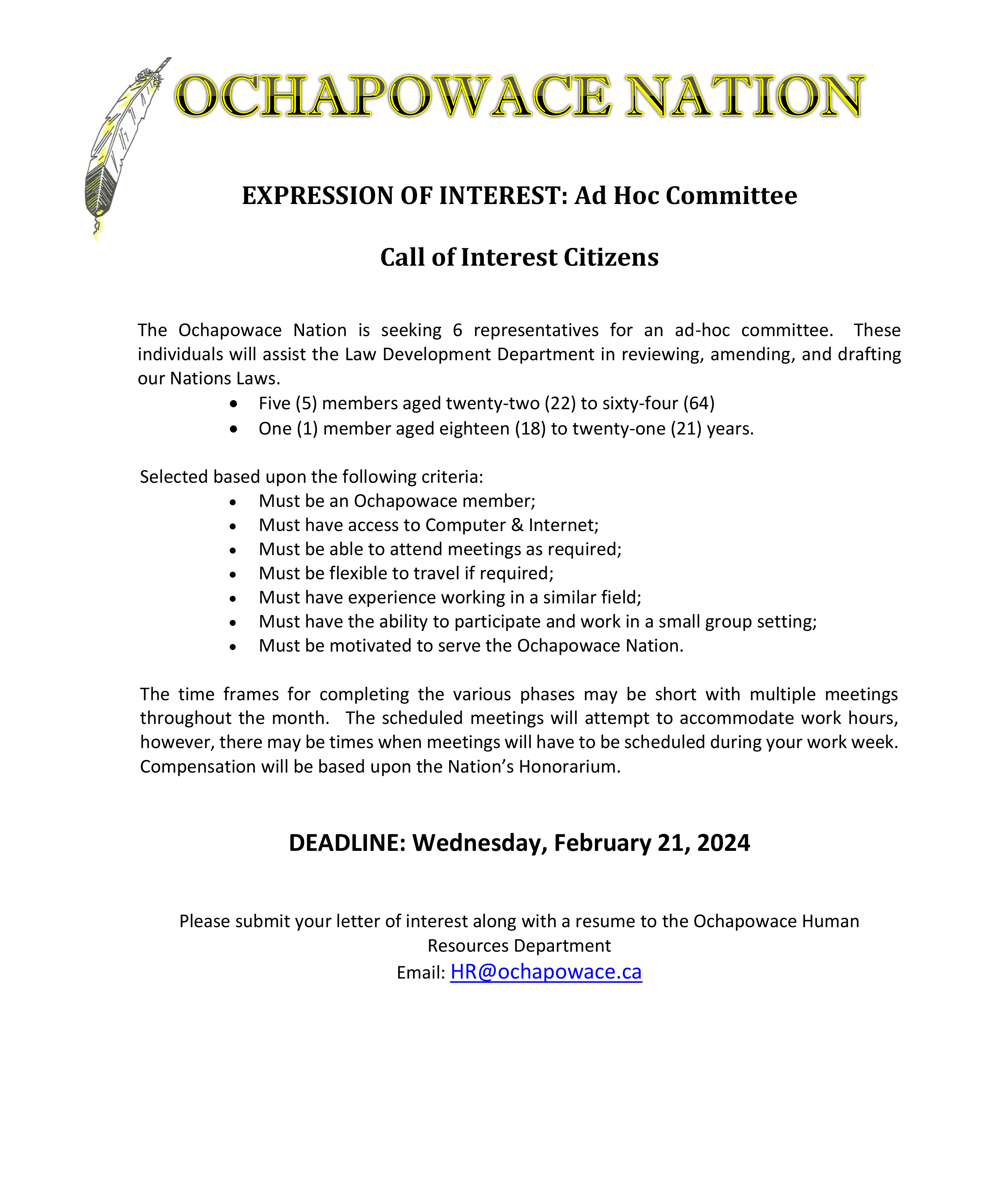 Expression of Interest: Ad Hoc Committee « Ochapowace Nation