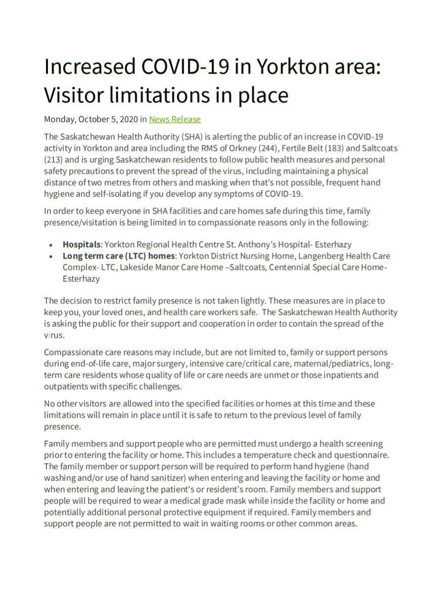Increased COVID-19 in Yorkton area: Visitor limitations in place ...