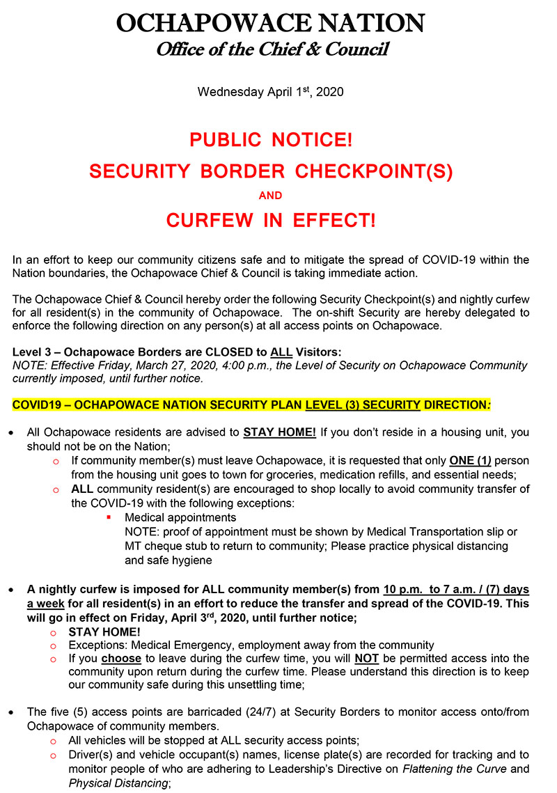 PUBLIC NOTICE: Security Border Checkpoint Update and Curfew in Effect ...