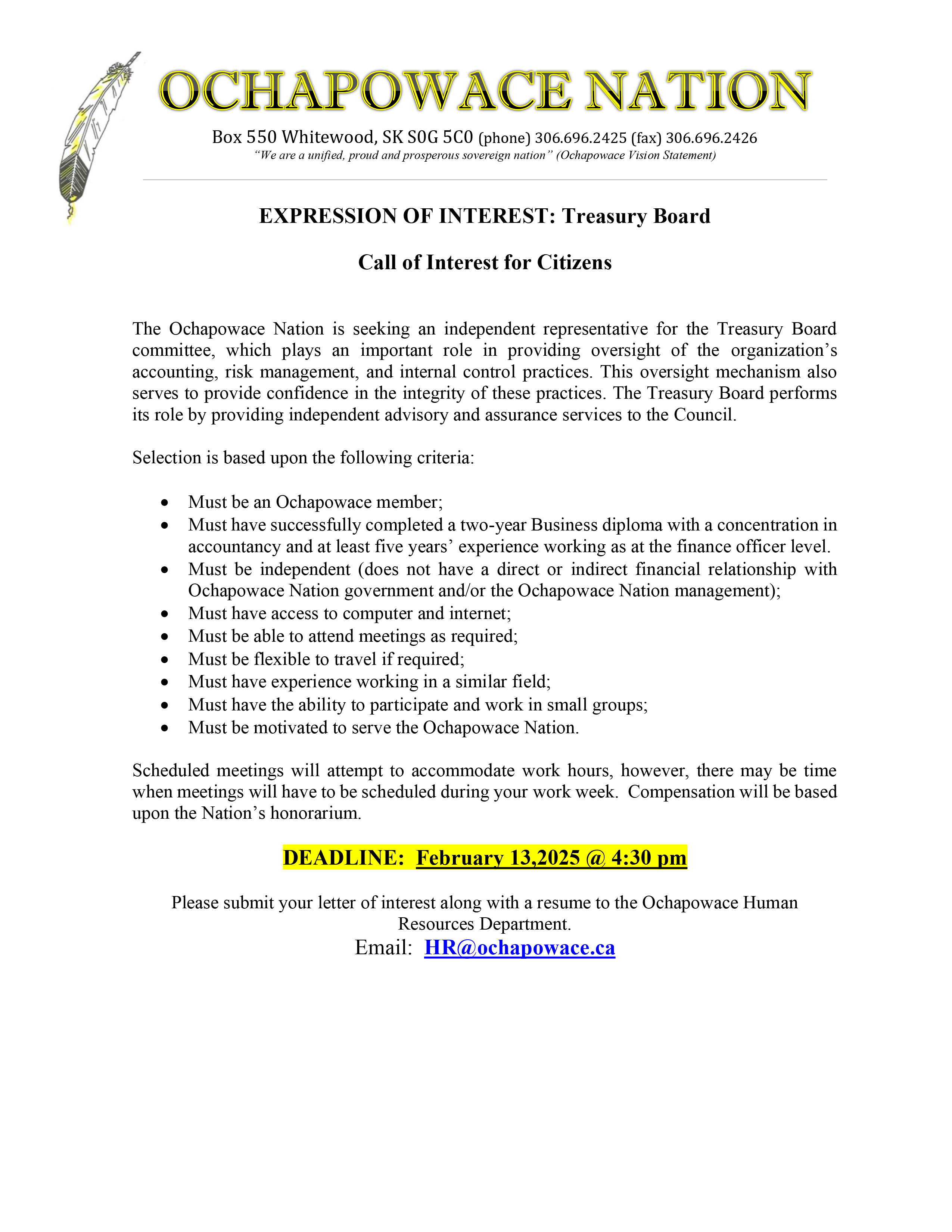 EXPRESSION OF INTEREST: Treasury Board « Ochapowace Nation