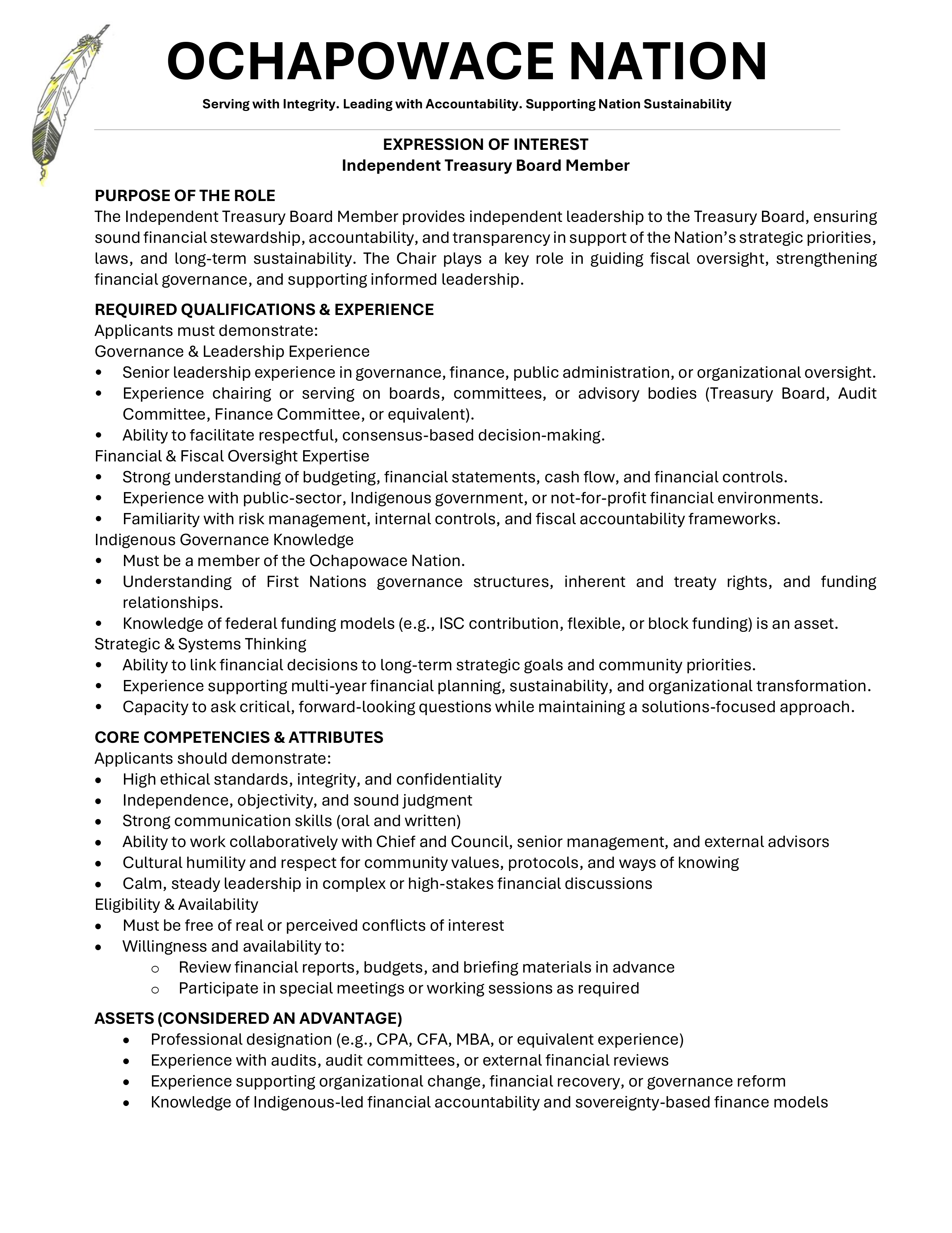 EXPRESSION OF INTEREST: Independent Treasury Board Member « Ochapowace ...